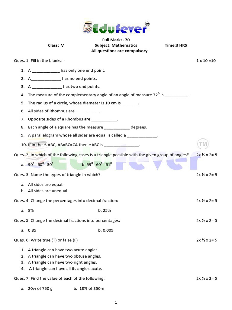 Class V Mathematics Exam Questions | PDF | Triangle | Elementary Geometry