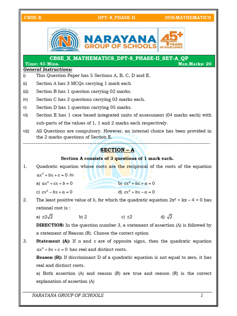 01 Cbse X Mathematics Dpt-8 Phase-II Set-A 27-11-2024 QP | PDF | Area ...