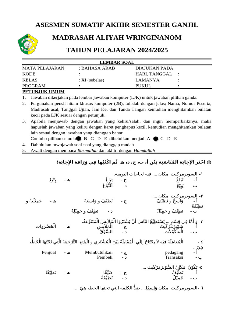 Soal PAS Bahasa Arab Kelas 11 MA | PDF