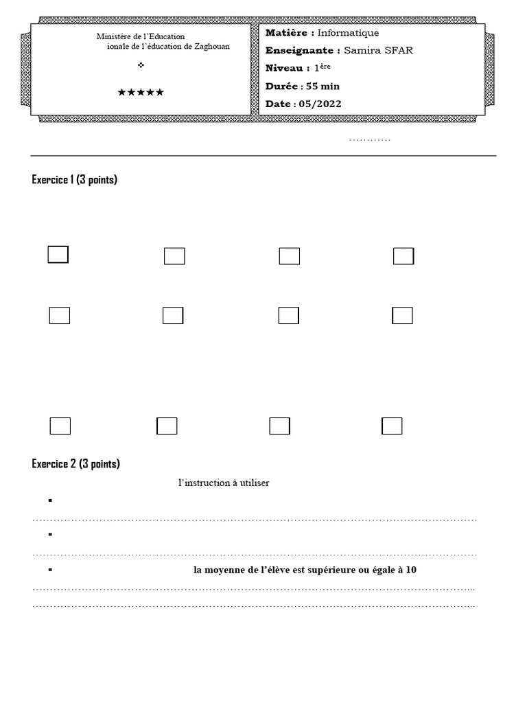 Exercice 1 (3 Points) : Devoir de Synthese 3 Année Scolaire: 2021/2022 | PDF | Programmation ...