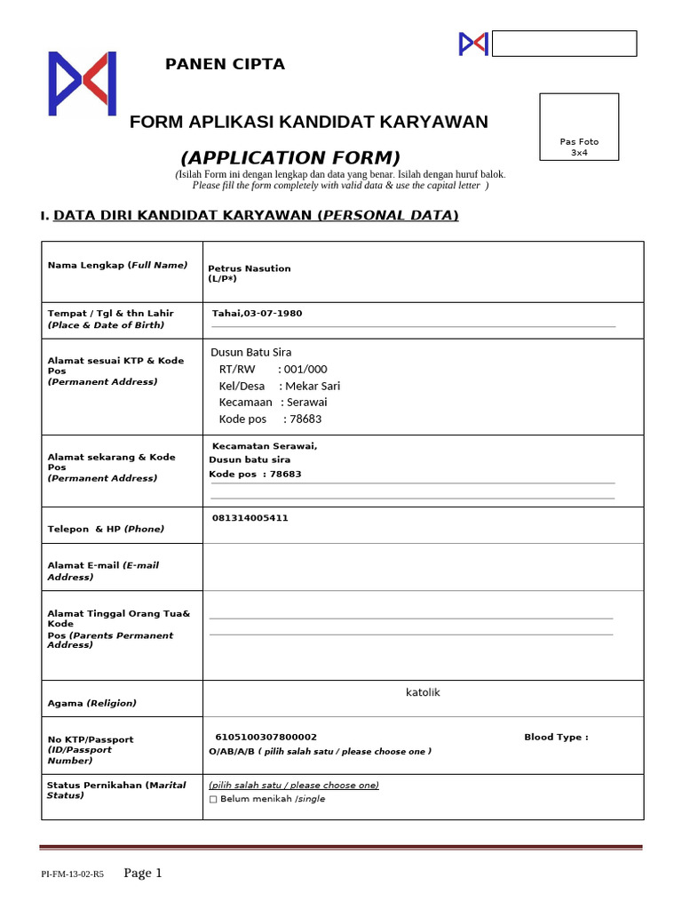Form Aplikasi Kandidat Karyawan PCM | PDF