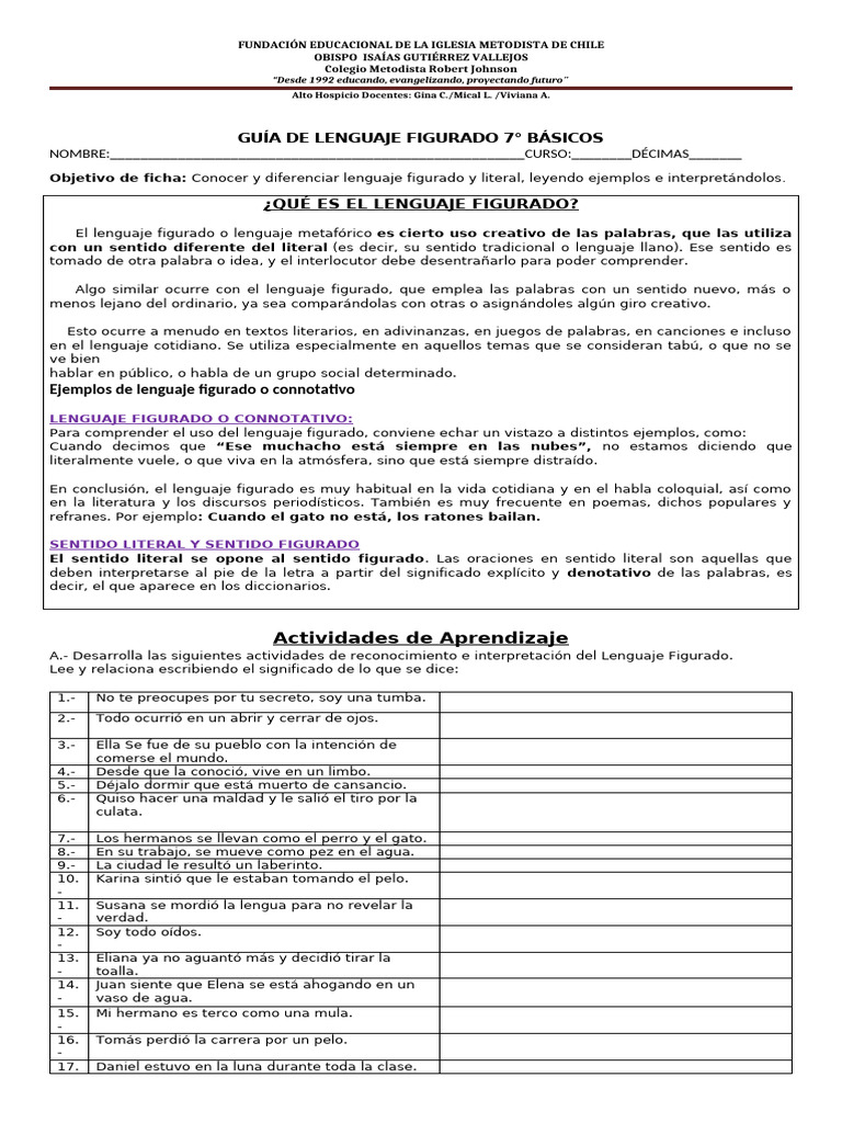 7° - Guia de Aprendizaje Lenguaje Figurado | PDF