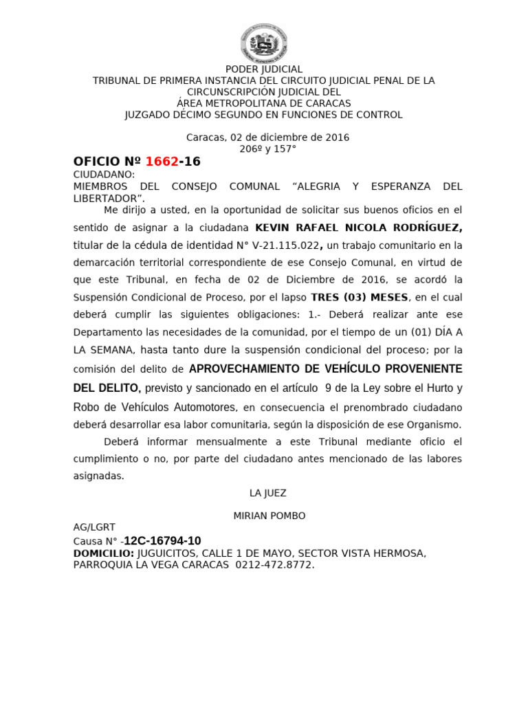 Oficio A Consejo Comunal 12C-16794-10-2016 | PDF | Ley Pública | Gobierno