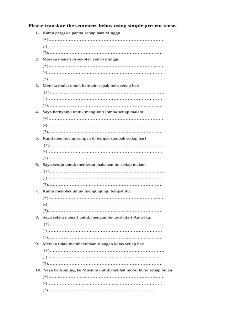 Please Translate The Sentences Below Using Simple Present Tense | PDF