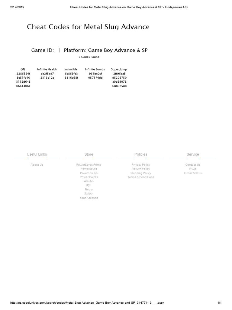 Cheat Codes For Metal Slug Advance On Game Boy Advance & SP ...