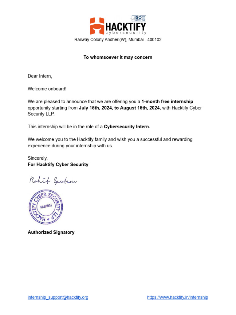 Hacktify Internship Offer Letter | PDF