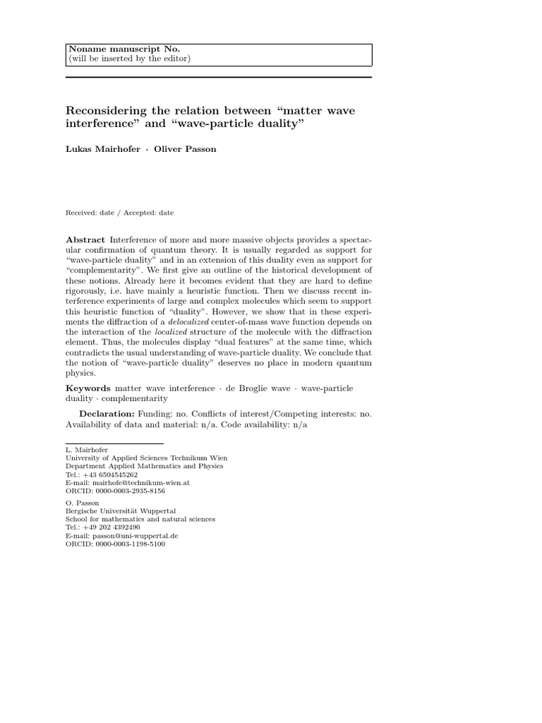 Reconsidering The Relation Between "Matter Wave Interference" and "Wave ...