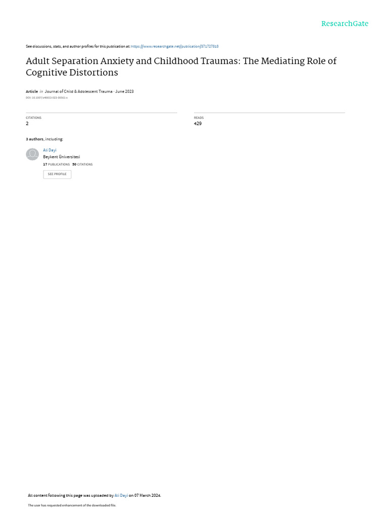 Adult Separation Anxiety and Childhood Traumas: The Mediating Role of ...
