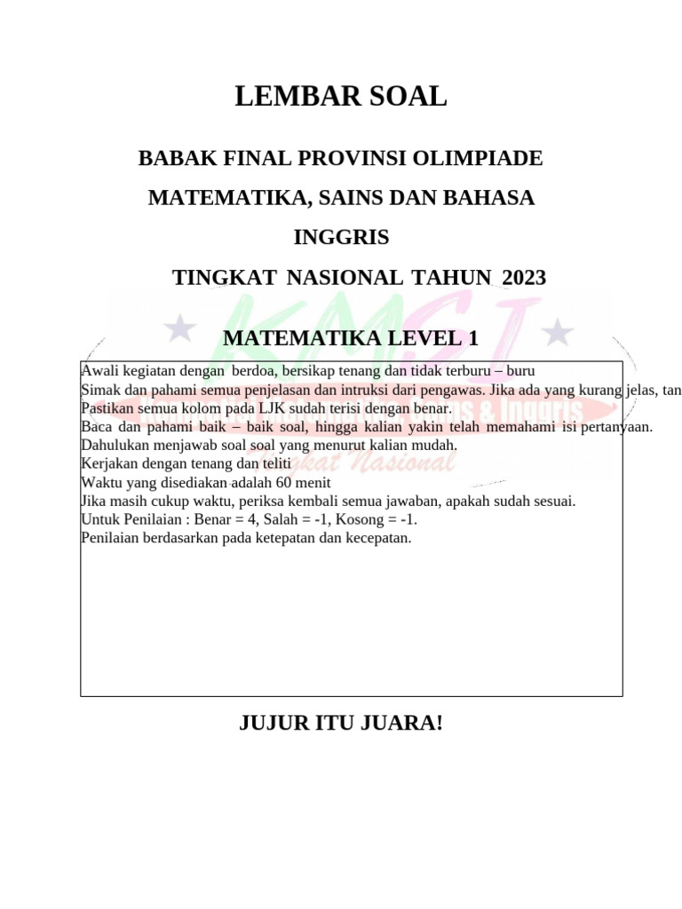 Soal Final Provinsi Kmsi Matematika Level 1 | PDF