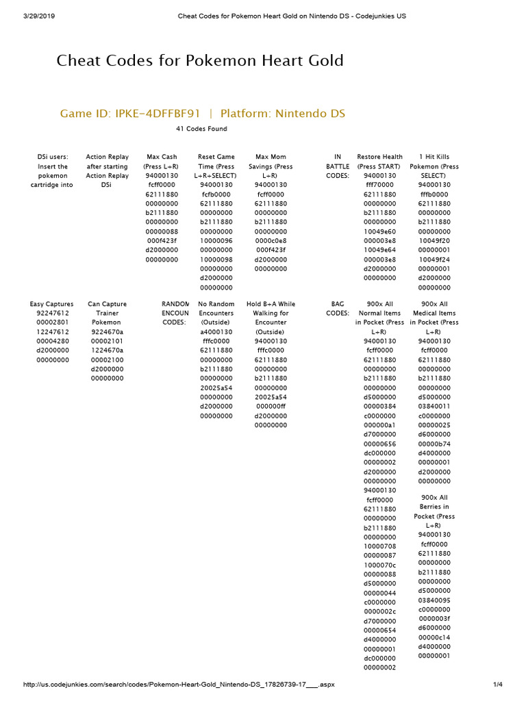 Cheat Codes For Pokemon Heart Gold On Nintendo DS - Codejunkies US ...
