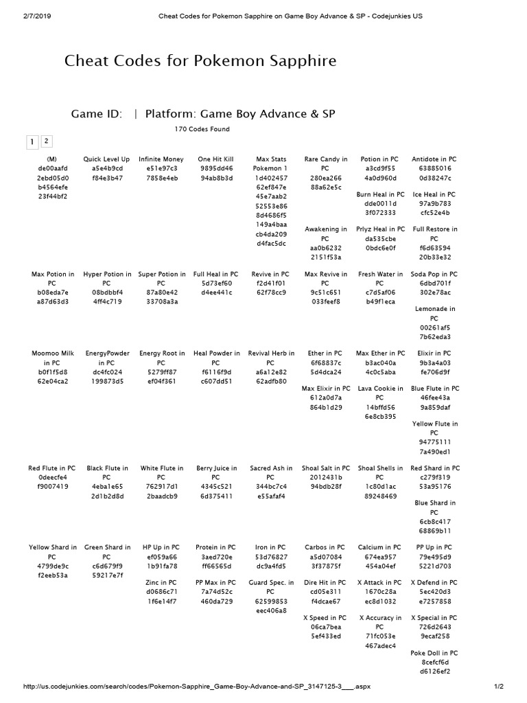 Cheat Codes For Pokemon Sapphire On Game Boy Advance & SP - Codejunkies ...