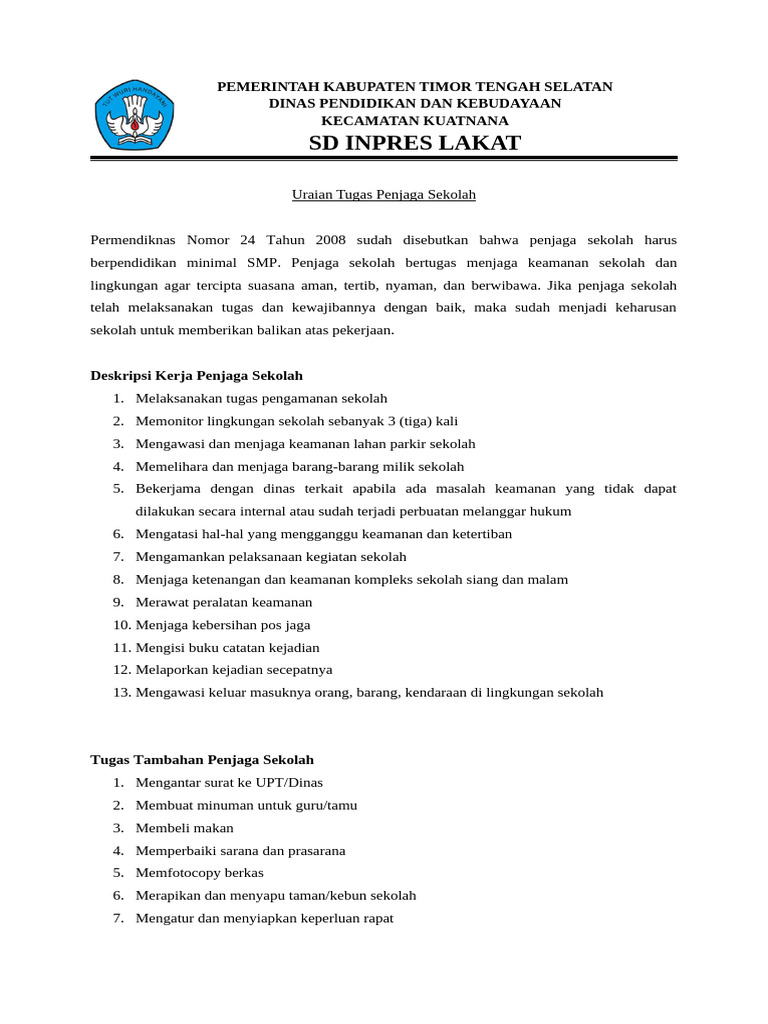 Uraian Tugas Penjaga Sekolah | PDF