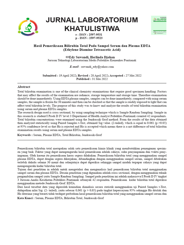 Hasil Bilirubin Total: Serum vs Plasma EDTA | PDF
