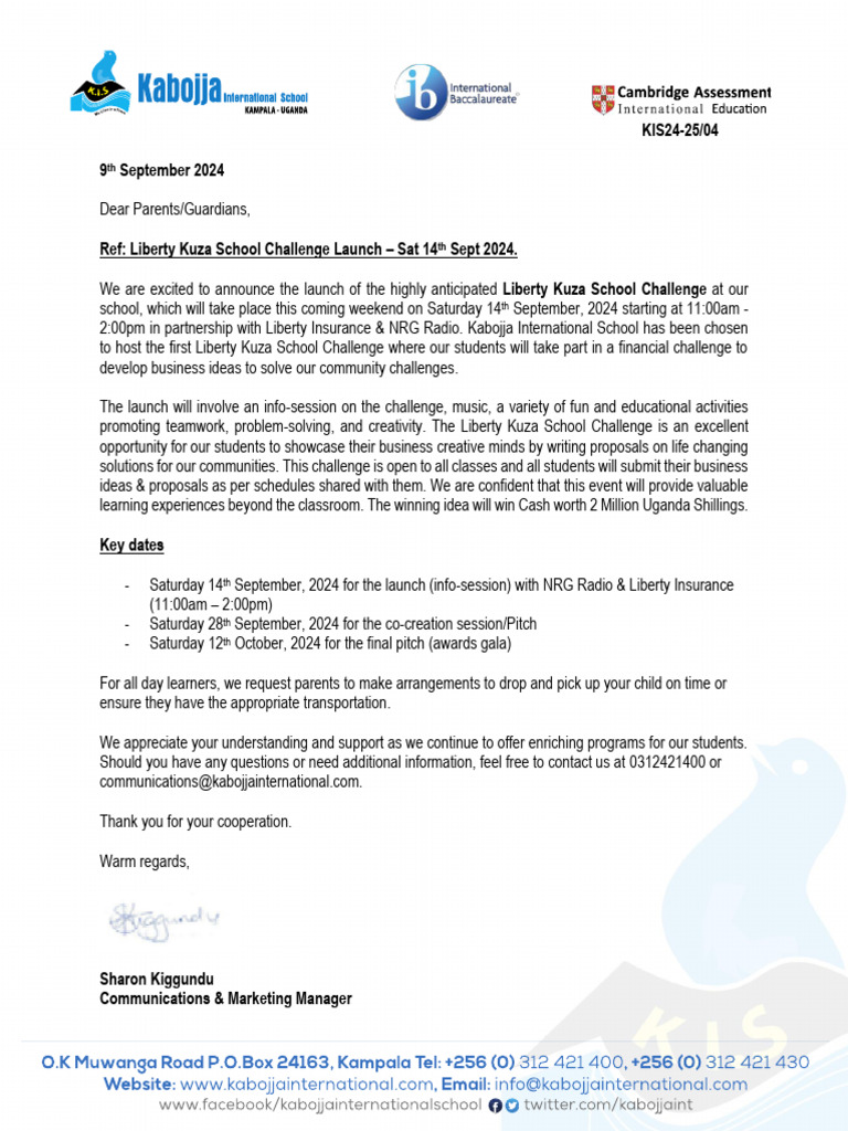 Liberty Kuza Challenge Letter To Parents. | PDF