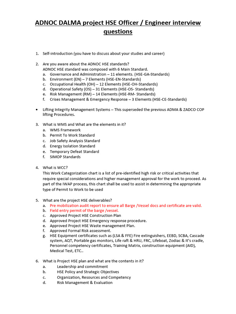 ADNOC DALMA Project HSE Engineer Interview Questions (DELMA HSEE) | PDF ...