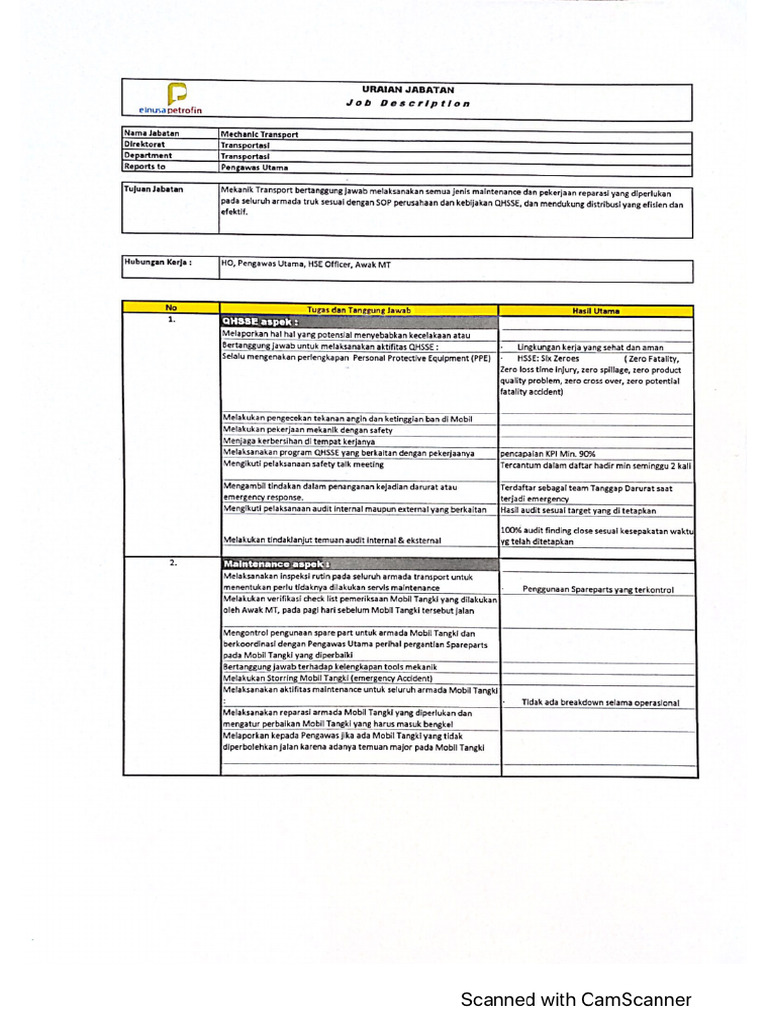 Job Description MEKANIK | PDF