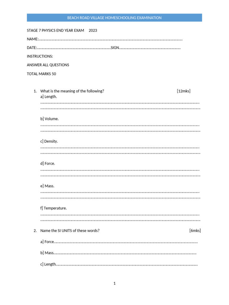 Stage 7 Physics End Year Exam 2023 | PDF | Physics | Physical Phenomena