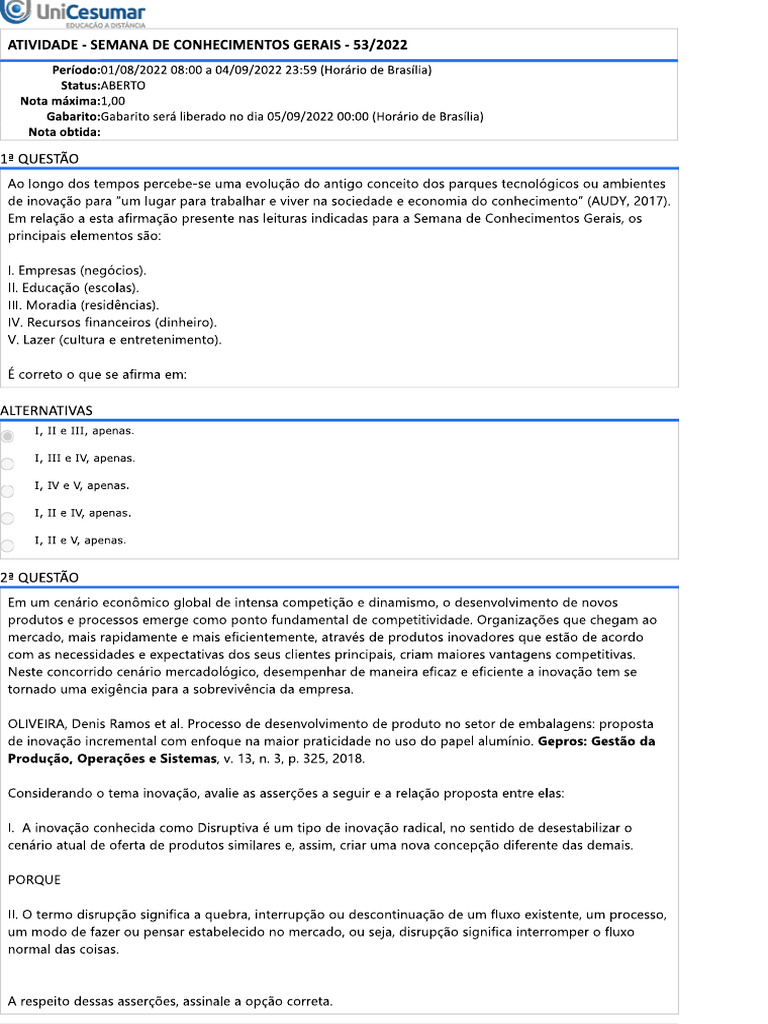 Atividade - Semana de Conhecimentos Gerais - 53-2022 | PDF