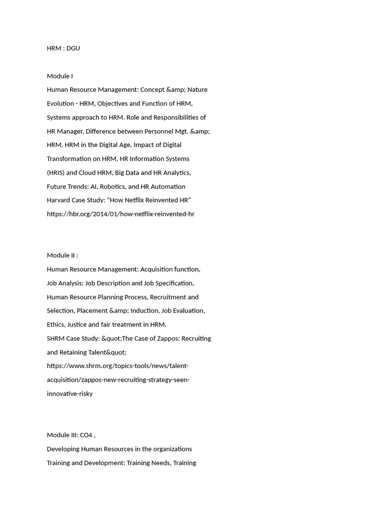 HRM Syllabus Mba I Dgu | PDF