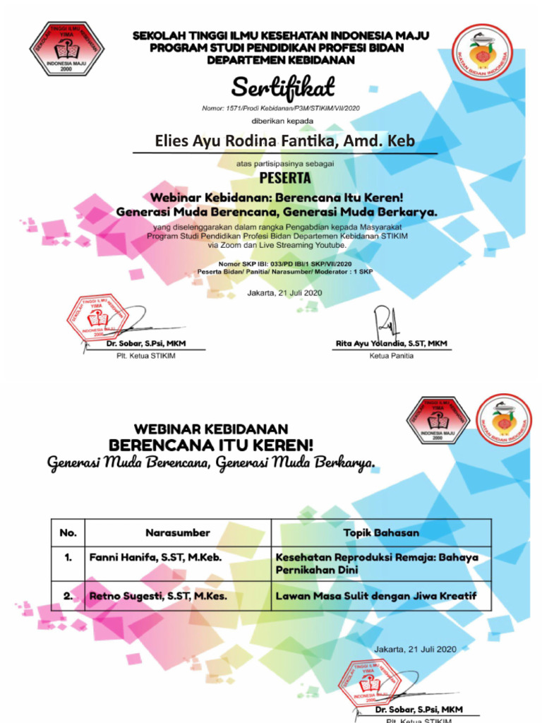 SERTIFIKAT Elies Ayu Rodina Fantika, Amd. Keb | PDF