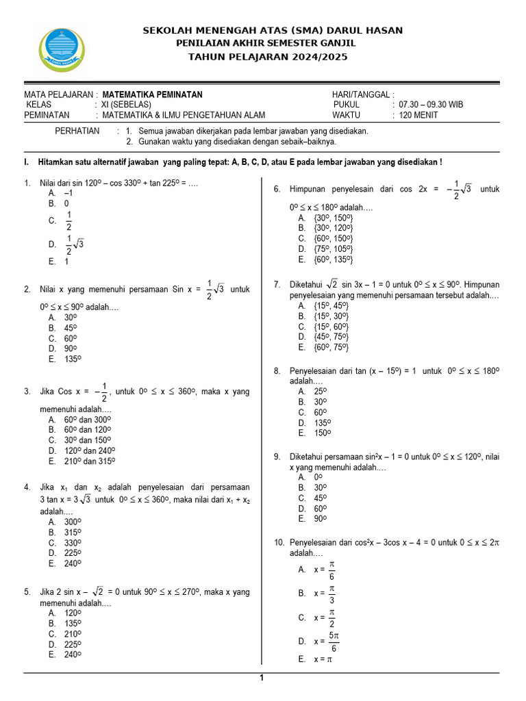 Soal Pas MTK Minat Kelas 11 Ganjil | PDF