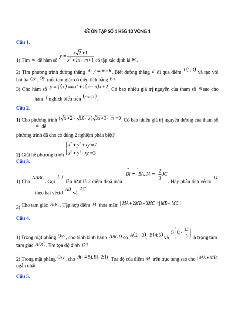 ĐỀ ÔN TẬP SỐ 1 HSG 10 VÒNG 1 | PDF