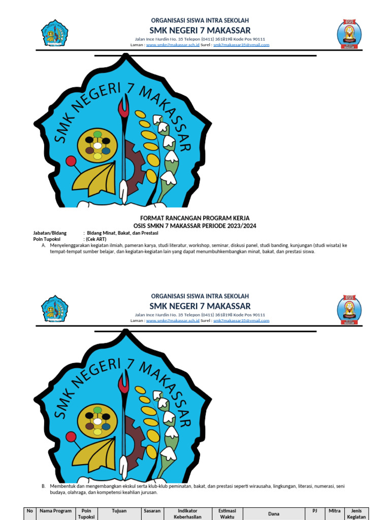 Format Rancangan Program Kerja OSIS SMK Sederajat | PDF