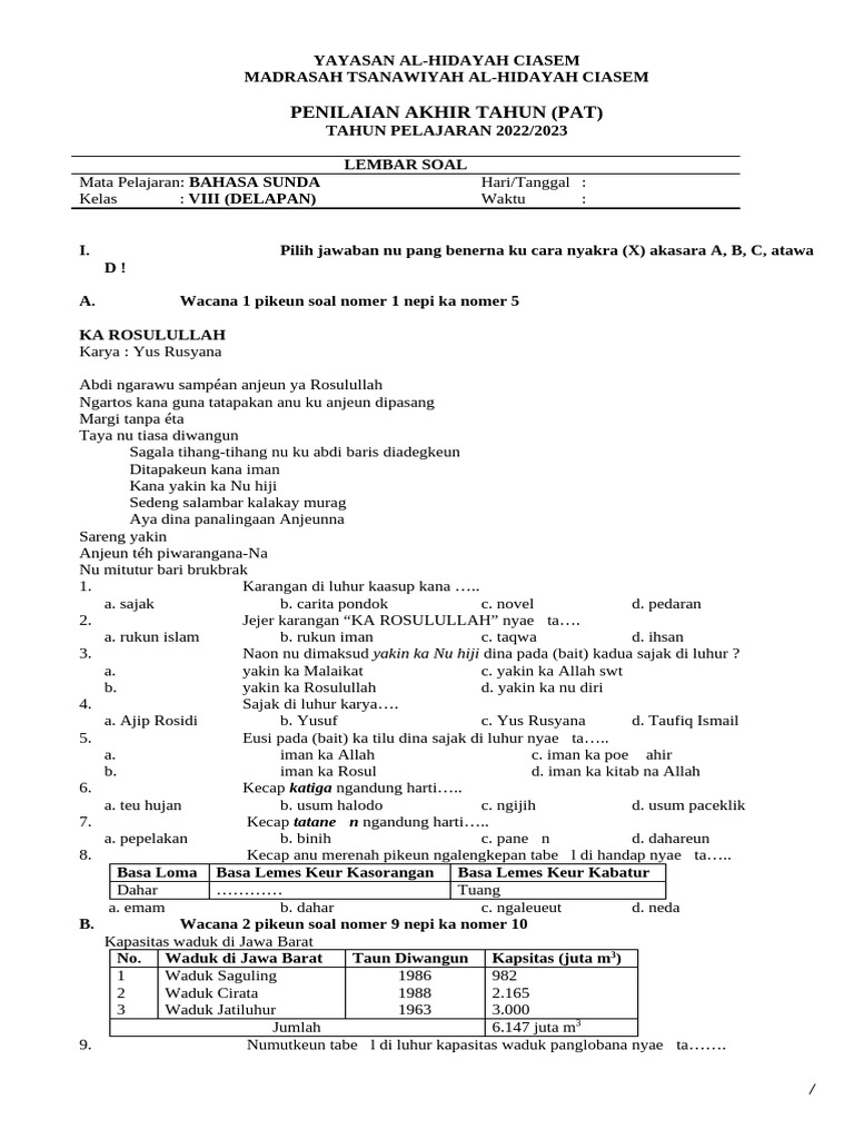 PAT 2022 B. Sunda 8 | PDF