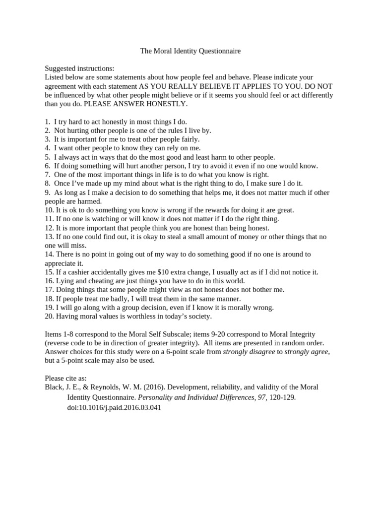 Moral Identity Questionnaire | PDF | Morality | Psychology