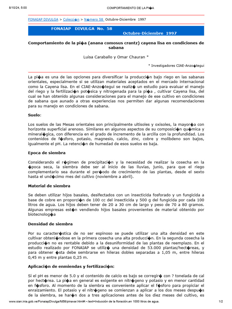 Manejo de Piña Cayena Lisa en Sabana | PDF