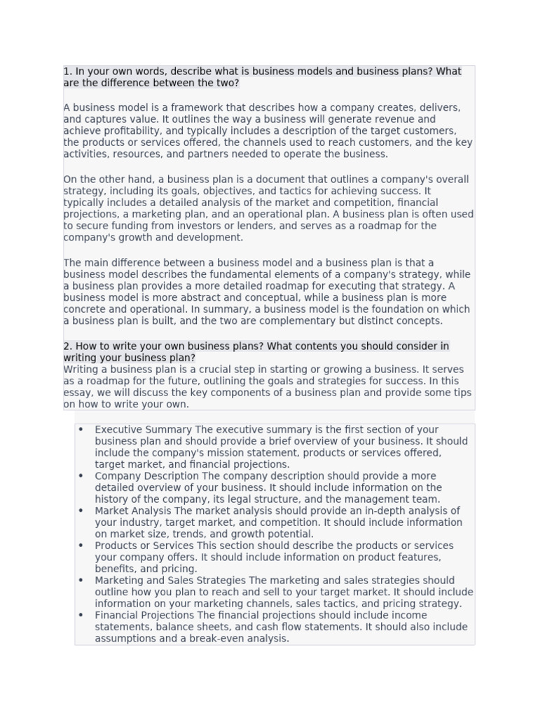 in Your Own Words, Describe What Is Business Models and Business Plans? What Are The Difference ...