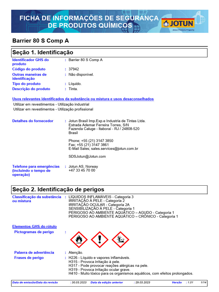 Ficha de Segurança: Barrier 80 S Comp A | PDF | Celsius | Temperatura
