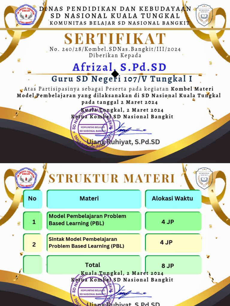 Sertifikat Kombel Model Pembelajaran Pak Afrizal | PDF
