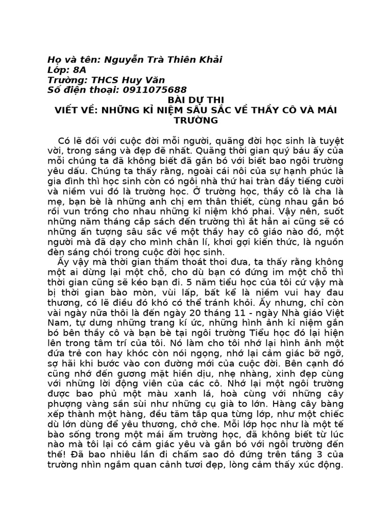 BÀI DỰ THI VIẾT VỀ NHỮNG KỈ NIỆM SÂU SẮC VỀ THẦY CÔ VÀ MÁI TRƯỜNG | PDF
