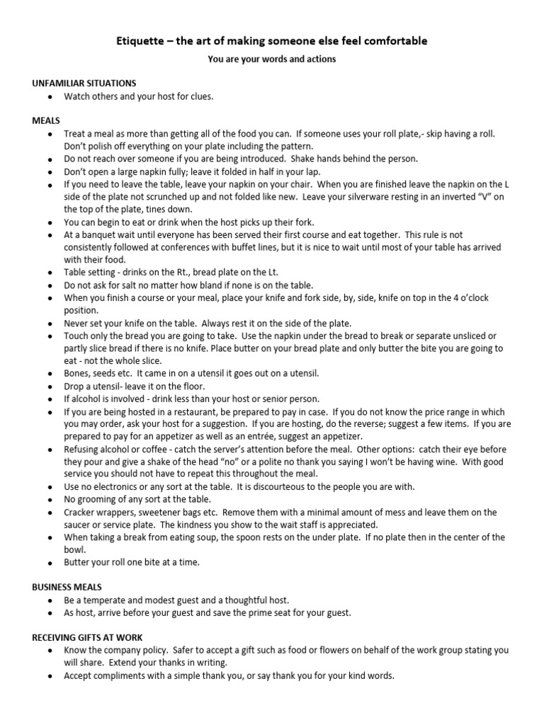 Etiquette Tips Pdf Waiting Staff