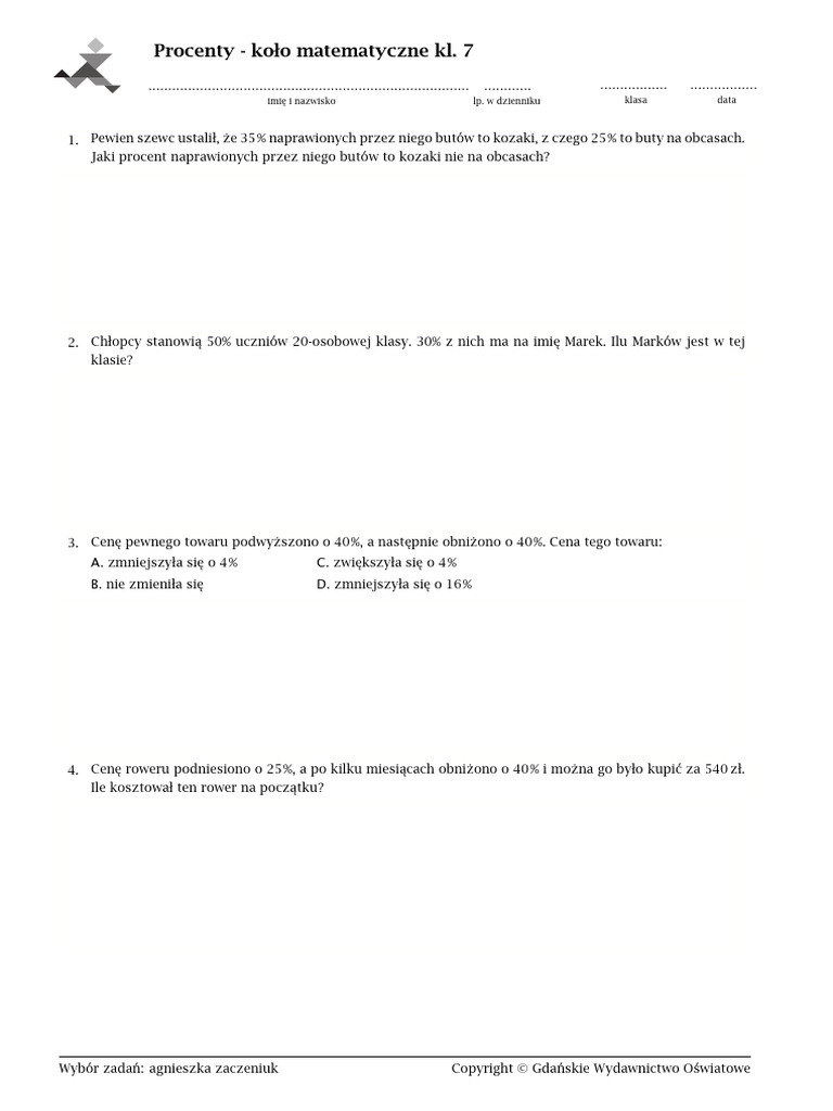 Procenty - Koło Matematyczne Kl. 7 | PDF
