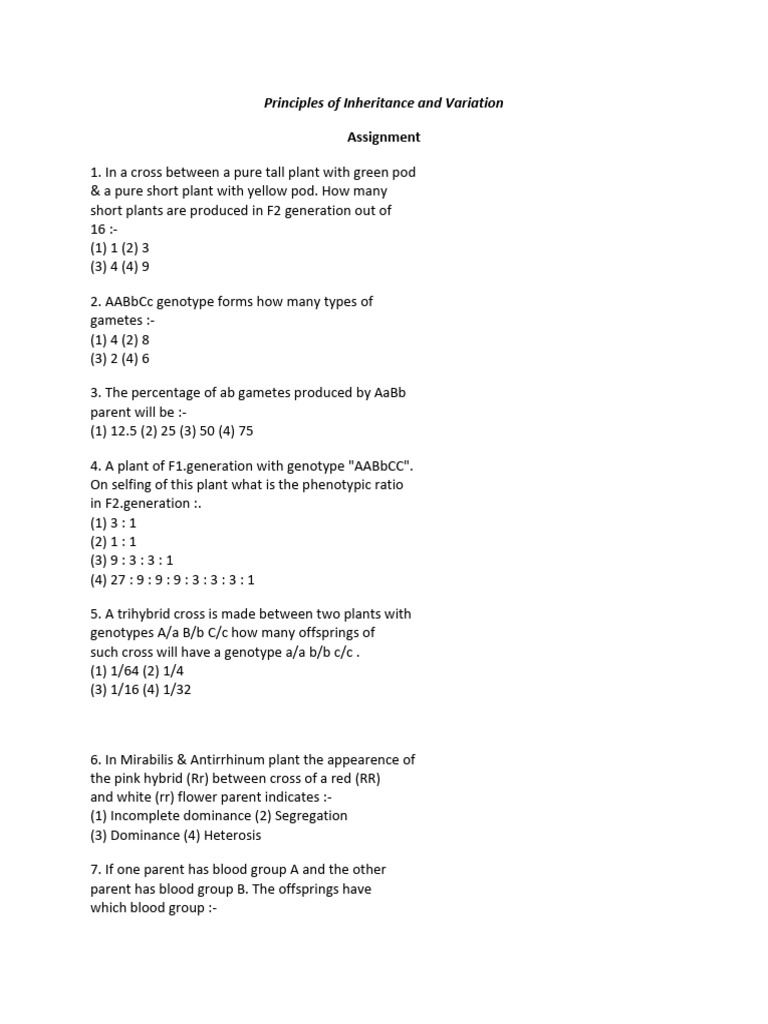 Principles of Inheritance and Variation Assignment | PDF | Dominance (Genetics) | Zygosity