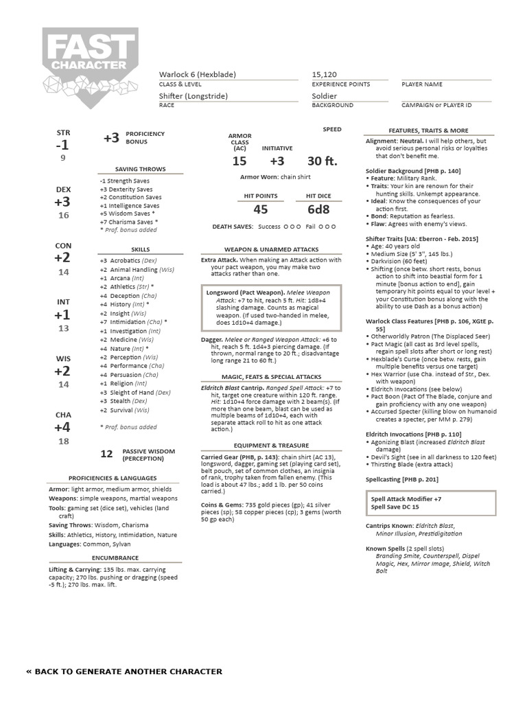 Shifter (Longstride) Warlock 6 (Hexblade) | PDF | Gary Gygax Games ...