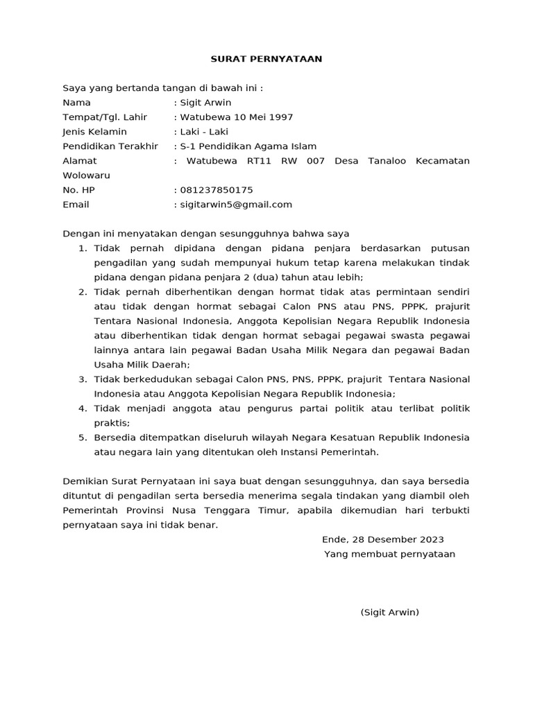 Surat Pernyataan 5 Point Sigit Arwin | PDF