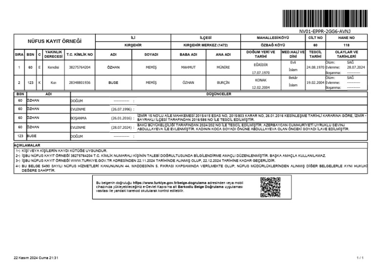 Nvi Nufus Kayit Ornegi Belgesi Sorgulama | PDF