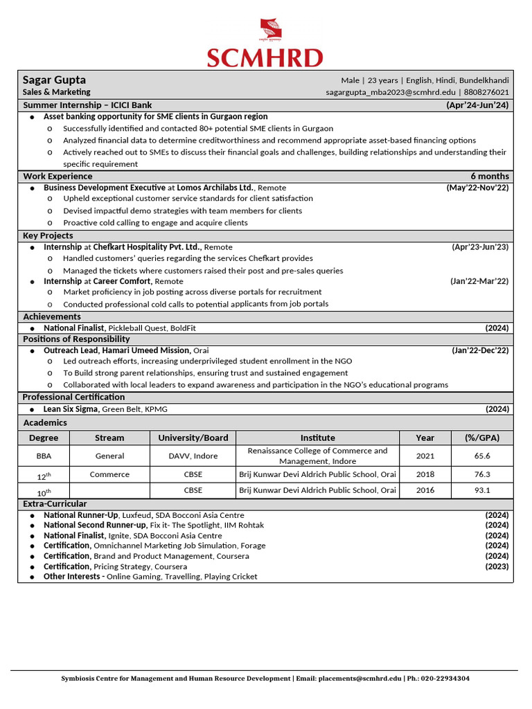 CV S&M Sagar Gupta 1176 | PDF | Business | Business Economics