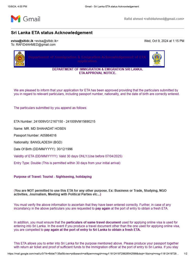 Gmail - Sri Lanka ETA Status Acknowledgement - MD SHAHADAT | PDF ...
