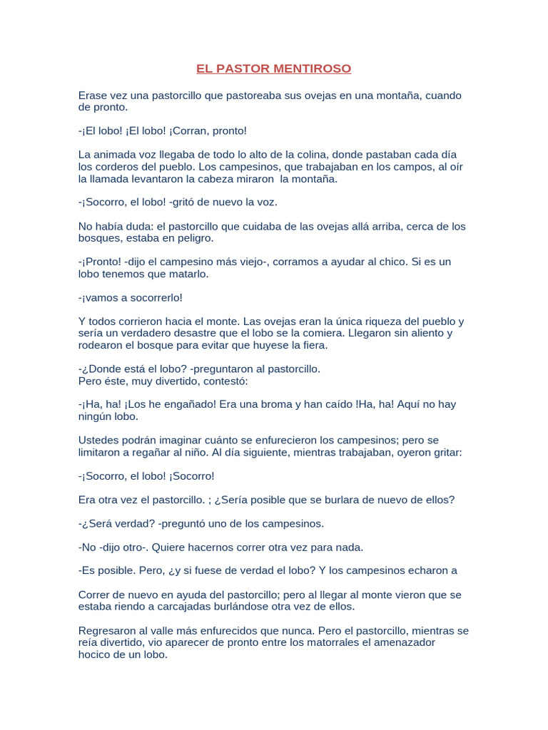 El Pastorcito Mentiroso: Cuento Completo | PDF