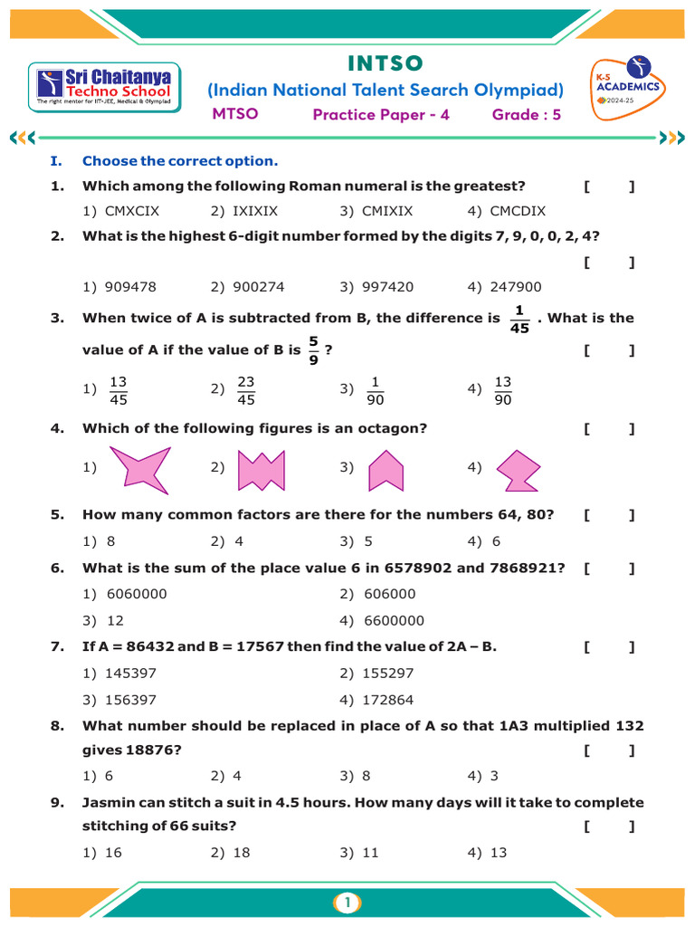 INTSO MTSO Grade-5 Practice Paper-4 2024 | PDF | Numbers | Prime Number