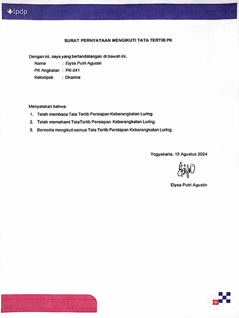 PK-241 Tugas 003-I-PK Surat Pernyataan Mengikuti Tata Tertib PK, Bersedia Mengikuti PK, Surat ...
