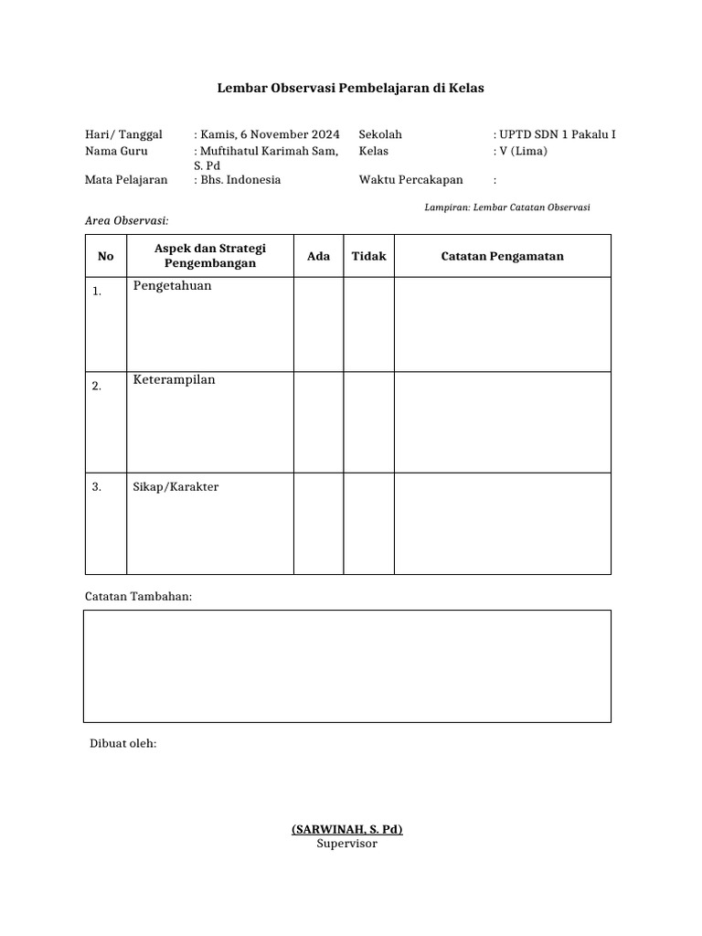 2 - Lembar Observasi Pembelajaran Di Kelas | PDF