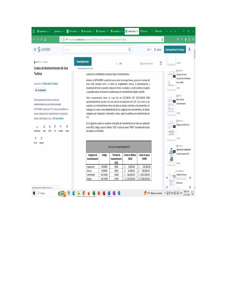 Costo Mantenimiento de Una Turbina Doc10 | PDF