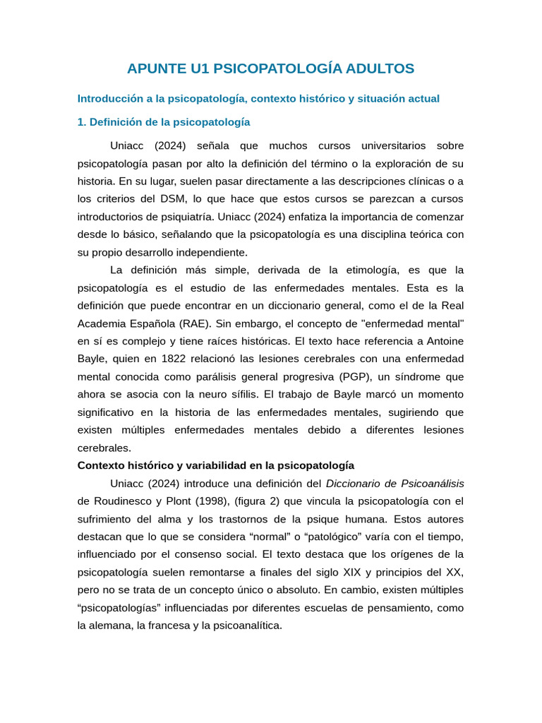 Explicación Apunte U1 Psicopatología Adultos | PDF | Trastorno mental | Psicopatología