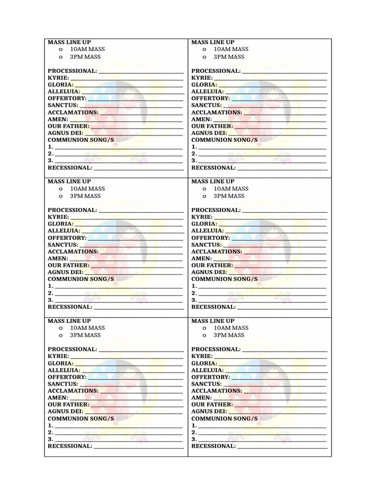 Mass Line Up | PDF | Mass (Liturgy) | Western Christianity