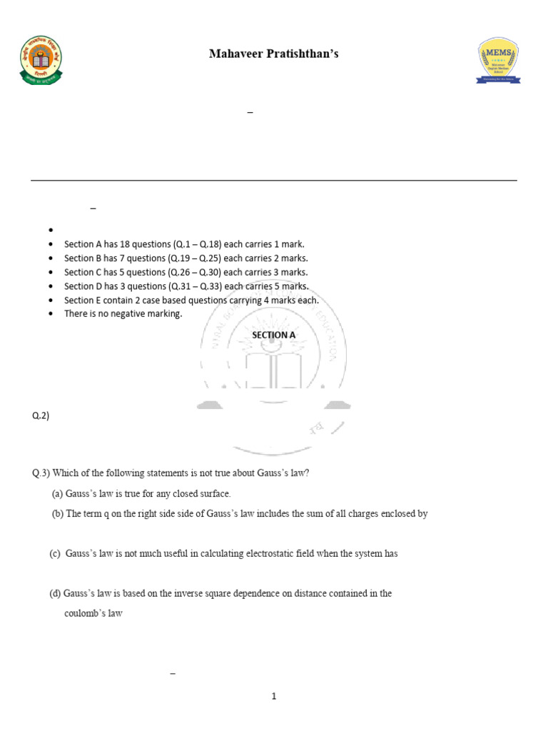 XII Physics Mid Term Exam Paper 2024-25 | PDF | Electric Field | Inductor